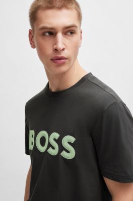 BOSS - 메쉬 로고 코튼 저지 레귤러 핏 티셔츠 - 다크 그레이