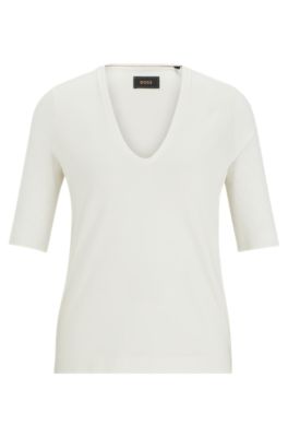 BOSS V neck T shirt in silk and cotton White
