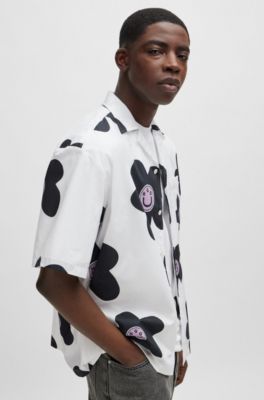 HUGO - Oversized-fit shirt in floral-print cotton poplin - White