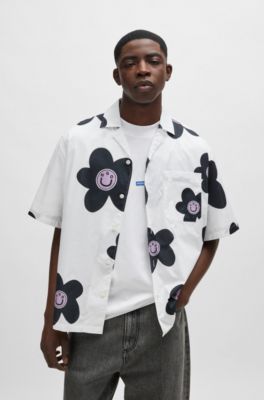 HUGO - Oversized-fit shirt in floral-print cotton poplin