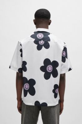 HUGO - Oversized-fit shirt in floral-print cotton poplin
