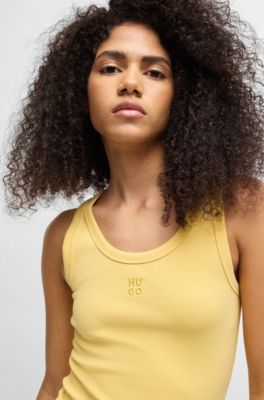 HUGO - 자수 스택 로고 리브드 코튼 블렌드 탱크 탑 - 옐로우