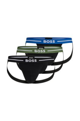 BOSS - Three-pack of stretch-cotton jock straps with logo waistbands ...