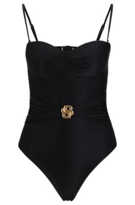 BOSS - Bandeau-style swimsuit with double-monogram belt detail - Black