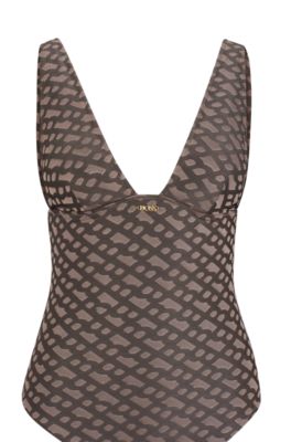 BOSS - Monogram-jacquard swimsuit with metal logo