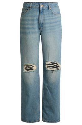 HUGO Jean coupe droite en denim bleu vert avec dechirures aux genoux Bleu