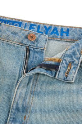 HUGO - Straight-fit jeans in aqua denim with ripped knees - Blue