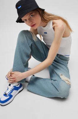 HUGO - Straight-fit jeans in aqua denim with ripped knees - Blue