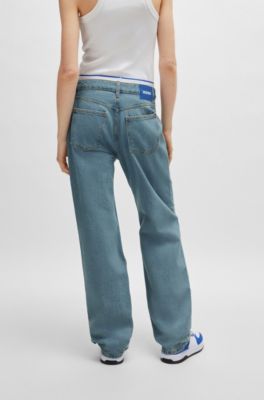 HUGO - Straight-fit jeans in aqua denim with ripped knees - Blue