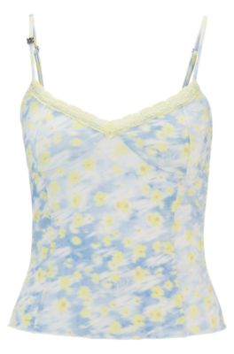 Hugo Lace Trim Vest Top With Stacked Logo Detail Blue Patterned