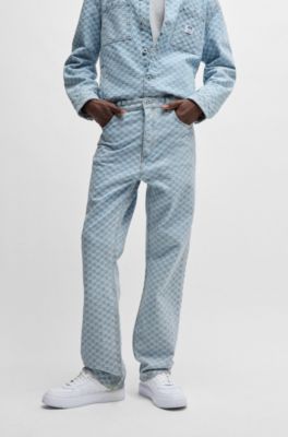HUGO - Baggy-fit jeans in checkerboard denim - Light Blue