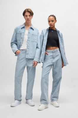 HUGO - Logo-trim jacket in checkerboard denim - Light Blue