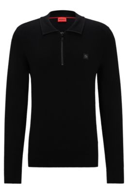 HUGO - Zip-neck knit polo with stacked logo - Black