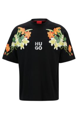 HUGO - Cotton-jersey T-shirt with floral print and stacked logo - Black