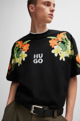 HUGO - Cotton-jersey T-shirt with floral print and stacked logo - Black