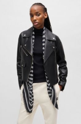 HUGO - Square scarf with logo print and fringed edging - Black Patterned