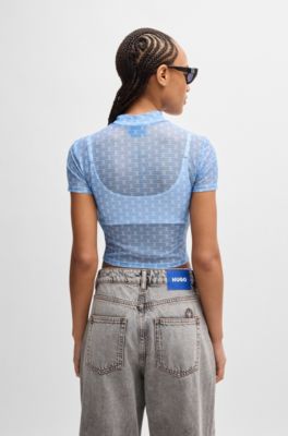 HUGO - Top recortado en malla elástica estampada - Celeste