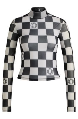 HUGO - Cropped long-sleeved top in checkerboard-print stretch mesh ...