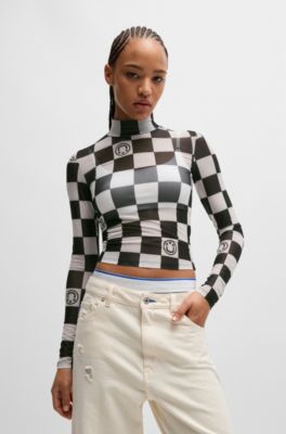 HUGO - Cropped long-sleeved top in checkerboard-print stretch mesh ...