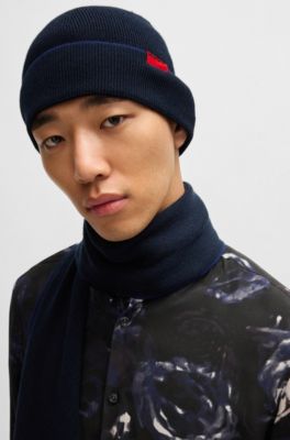 HUGO - Logo-label hat and scarf set with wool - Dark Blue