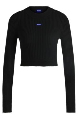 HUGO - Pull court avec étiquette logotée bleue - Noir