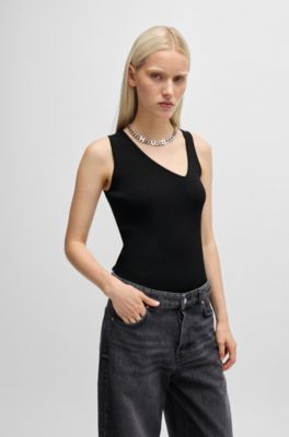 HUGO - Sleeveless knitted top with asymmetric V neckline - Black