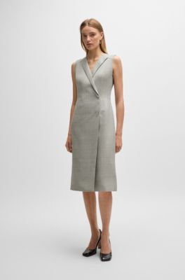 BOSS - Vestido cruzado de crepé en lana virgen a cuadros - Gris estampado