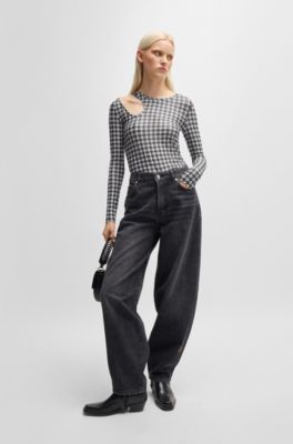 HUGO - Houndstooth mesh top with cut-out neckline - White / Black