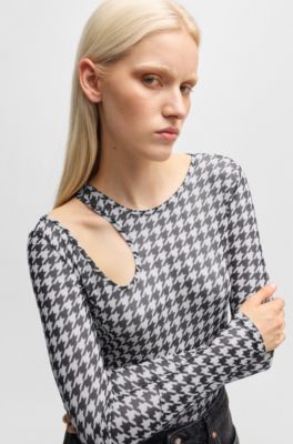 HUGO - Houndstooth mesh top with cut-out neckline - White / Black