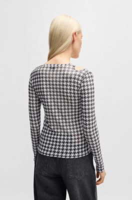 HUGO - Houndstooth mesh top with cut-out neckline - White / Black