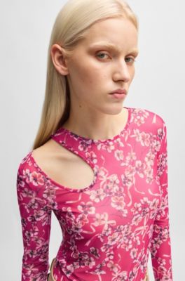 HUGO - Houndstooth mesh top with cut-out neckline - Pink Patterned