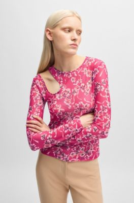 HUGO - 컷아웃 네크라인 프린트 메쉬 탑 - 핑크 패턴