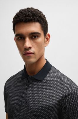 BOSS - Mercerised-cotton polo shirt with two-tone monogram print - Black