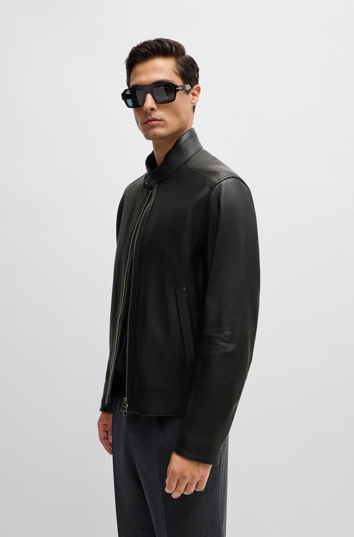 BOSS - Regular-fit jacket in grained leather - Black BOSS - Regular-fit jacket in grained leather - Black