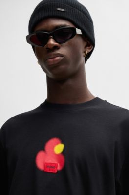HUGO - Cotton-jersey relaxed-fit T-shirt with duck print - Black