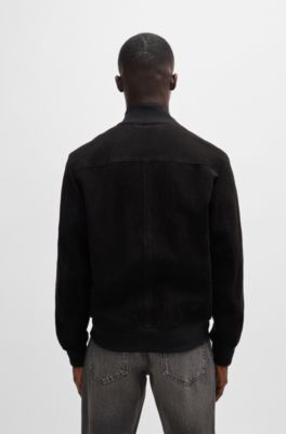 BOSS - Suede bomber jacket with ribbed trims - Black