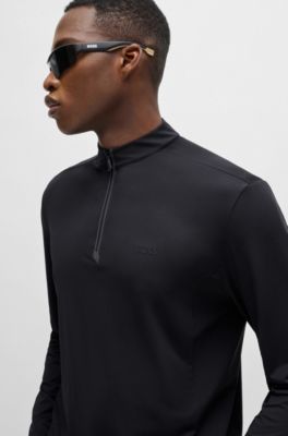 BOSS - Zip-neck polo shirt with decorative reflective logo - Black