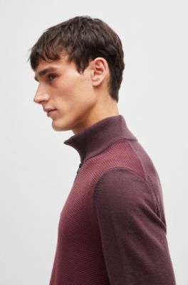 BOSS - Virgin-wool zip-neck sweater with mixed structures - Dark Red
