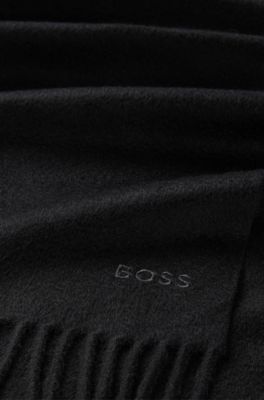 BOSS - Italian-cashmere scarf with fringing and embroidered logo - Black