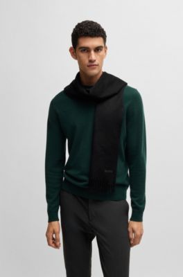 BOSS - Italian-cashmere scarf with fringing and embroidered logo - Black