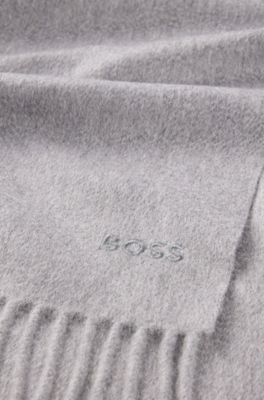 BOSS - Italian-cashmere scarf with fringing and embroidered logo ...