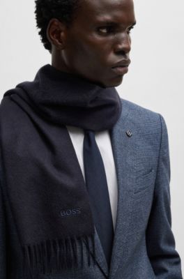 BOSS - Italian-cashmere scarf with fringing and embroidered logo - Dark ...