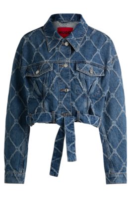 HUGO - Cropped denim jacket with stacked-logo pattern - Blue Patterned