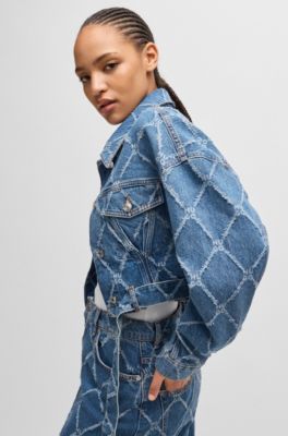 HUGO - Cropped denim jacket with stacked-logo pattern - Blue Patterned