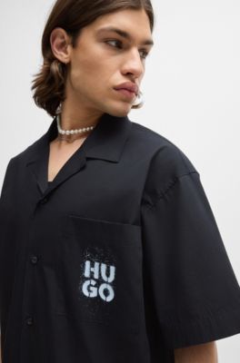 HUGO - Oversized-fit shirt with stacked-logo prints - Black