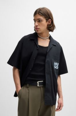 HUGO - Oversized-fit shirt with stacked-logo prints - Black
