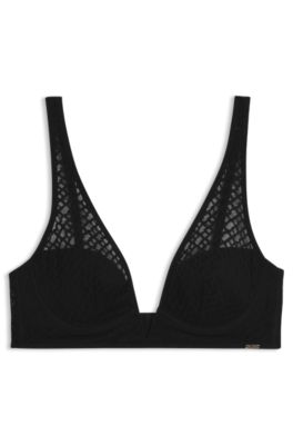 Boss Monogram Lace Triangle Bra With Branded Metal Trim Black