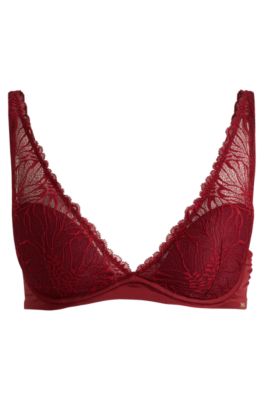 BOSS - Stretch-lace underwired bra with logo trim - Dark Red