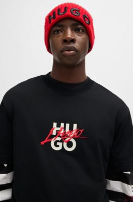 HUGO - Cotton-jersey relaxed-fit T-shirt with double logo - Black
