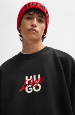 HUGO - Cotton-terry relaxed-fit sweatshirt with double logo - Black